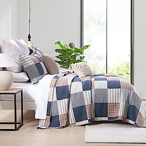 PANGUSHAN 100% Cotton Quilt Set Queen Size, Patchwork Plaid Queen Quilt Bedding Set Bedspreads, Farmhouse Lightweight Comforter Reversible Quilt, Navy/Brown/White Bed Spread for Queen Bed, 3 Pieces