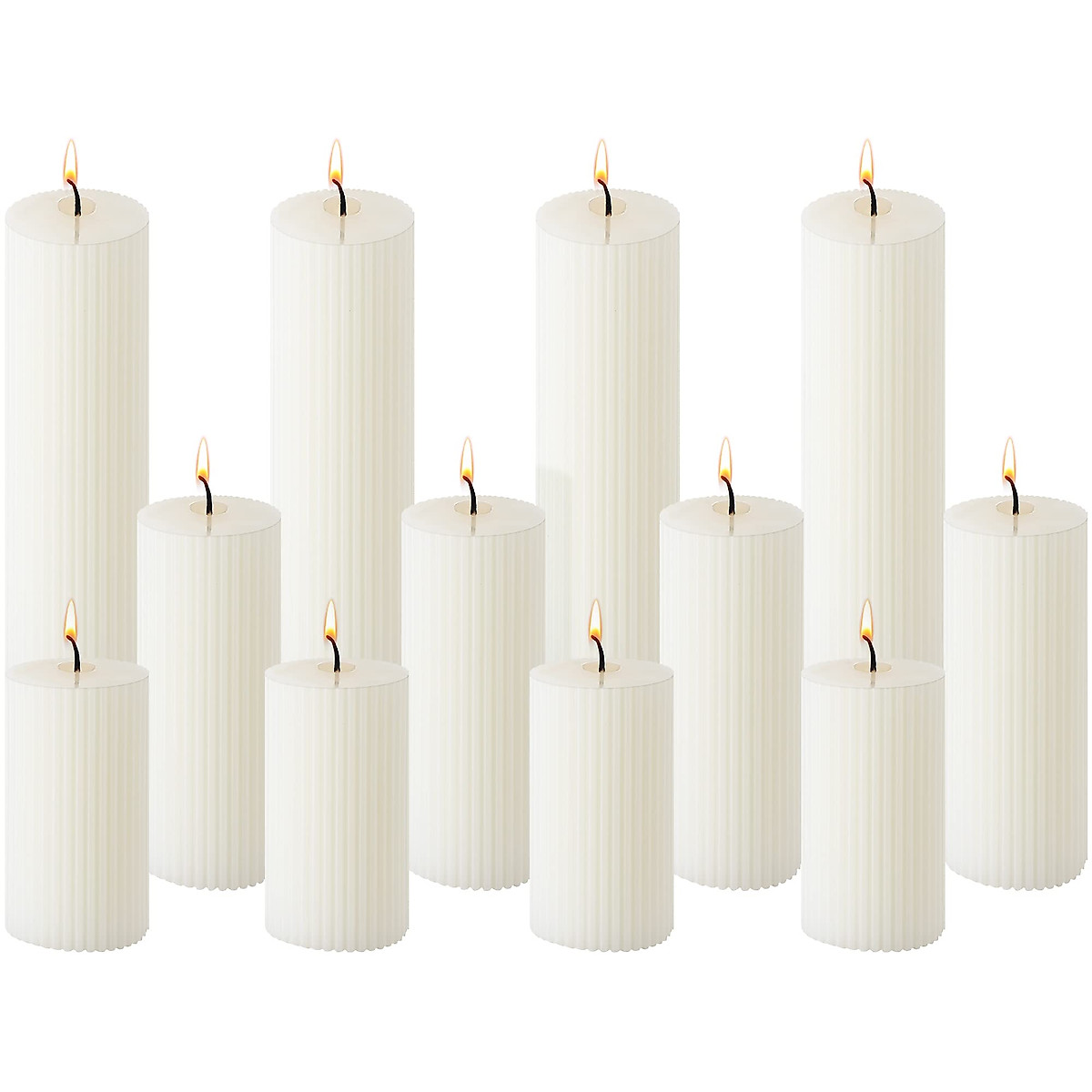 Set of 12 Ribbed Pillar Candles Soy Wax Home Decor Modern White Candles with Cotton Wick for Wedding, Home, Restaurants, Spa, Church Decoration, 2 x 3 Inch, 2 x 6 Inch, 2 x 8 Inch
