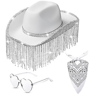 Rhinestone Cowboy Hat Glitter Cowboy Hat With Glasses, Headscarves, Adhesive Rhinestone Letter Patches(White, 1 Pack)