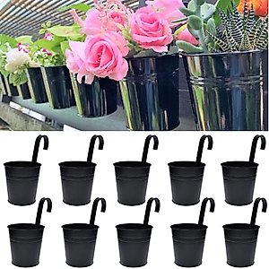 LaLaGreen Railing Planter 10 Pack, 6 Inch Hanging Flower Pot Black, Outdoor Large Metal Iron Fence Bucket, Balcony Garden Wall Deck Porch Patio Rail Decor Hanger Hook Farmhouse Balcony 6'''' (15cm)