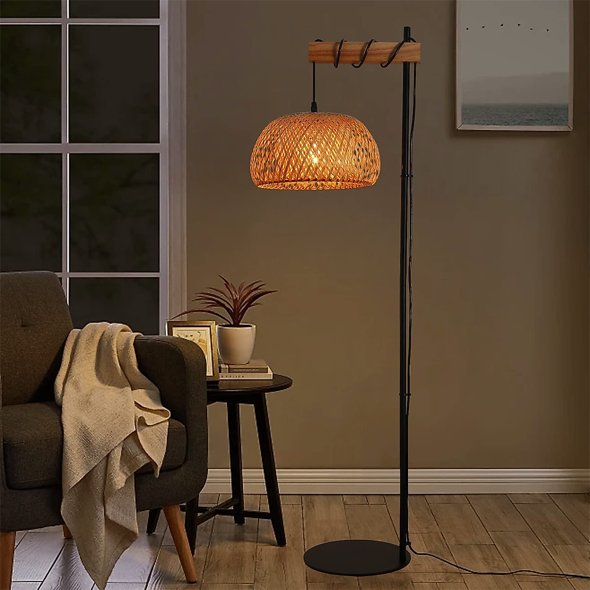 Industrial Tall Floor Lamp for Living Room Bamboo Lampshade, Black Lights Fixtures with Cord On/Off Switch E26 Base Industrial Modern Wire Wood Decoration Standing Lamp for Bedroom (No Bulb)