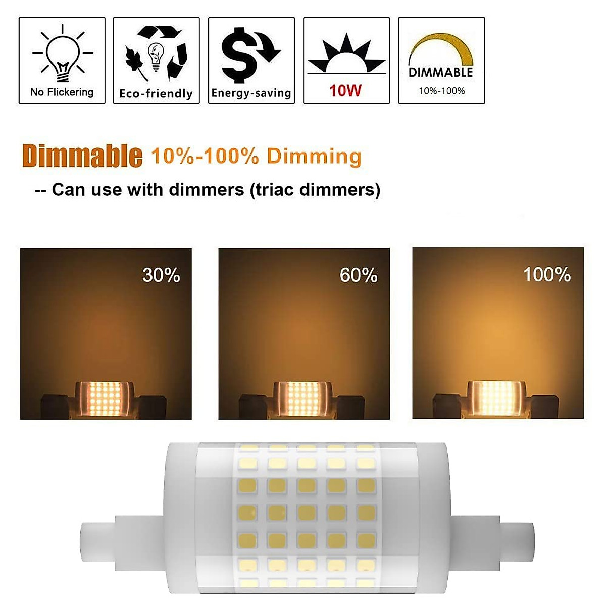 Familite R7S LED Bulb 78MM, 10W Dimmable J78 Flood Light, 100W Halogen T3 Replacement, Warm White 3000K, Pack of 2