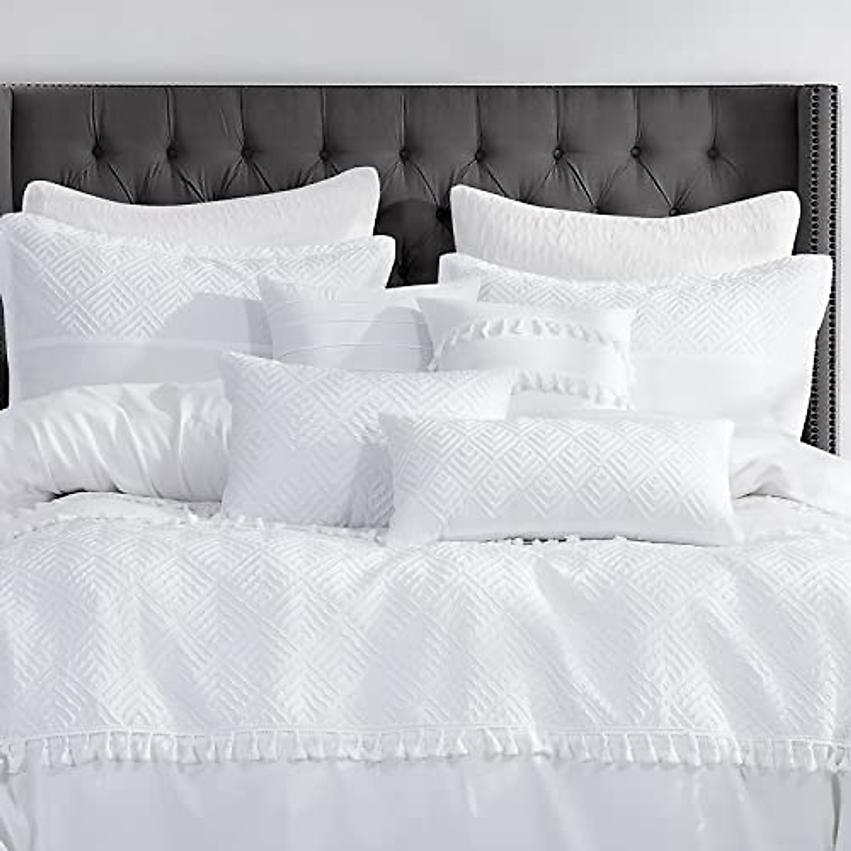BRHF 7 PCS Boho Embossed Comforter Set with Handcrafted Tassel King, White Textured Down Alternative Bedding Set for Bedroom, Lightweight Bed in A Bag - 1 Comforter, 2 Shams, 4 Pillows