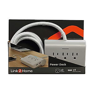 Link2Home EM-TXC202B Surge Protector, 5ft Extension, 3 Outlets Strip, 4 Ports, 4.8A USB, Braided Cable with Low Profile Plug, Grey Fabric Cord Power Dock, 1pk