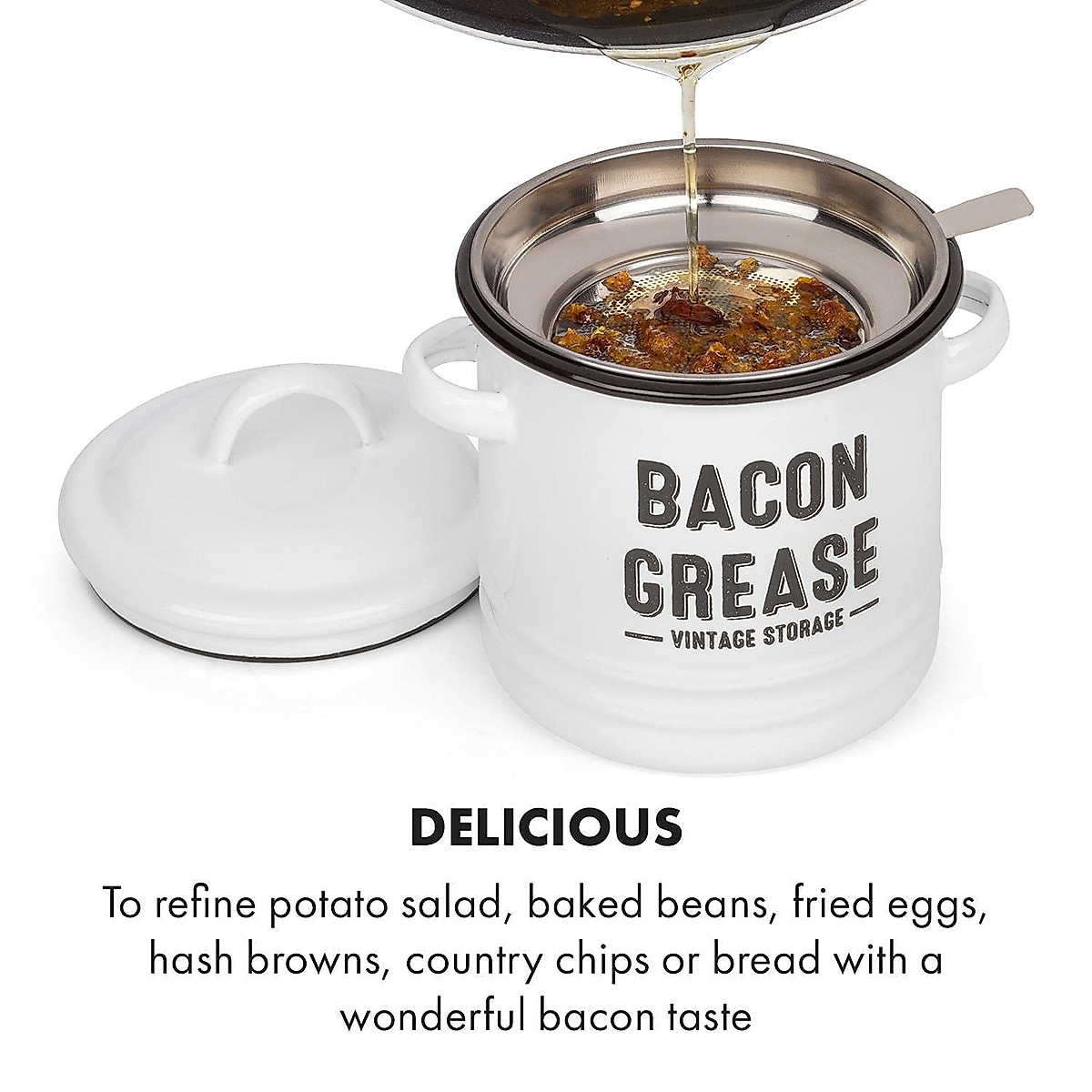 Granrosi Bacon Grease Container with Strainer & Ceramic Butter Dish with Lid for Countertop, Grease Can, Butter Keeper, Premium Breakfast Canister Set for Kitchen in Farmhouse Style in Classic White