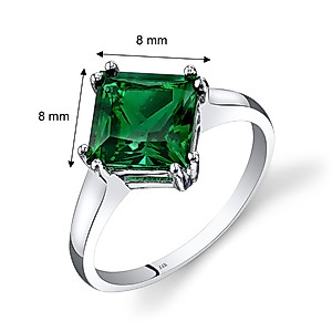 PEORA Created Emerald Classic Solitaire Ring for Women in 14K White Gold, 2 Carats Princess Cut 8mm, Comfort Fit, Size 9