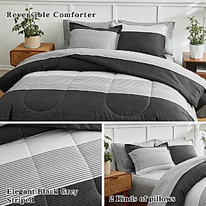 Flysheep Ombre Striped Bed in a Bag 7 Pieces King Size, Grey and White Stripes Comforter Sheet Set (1 Comforter, 1 Flat Sheet, 1 Fitted Sheet, 2 Pillow Shams, 2 Pillowcases)
