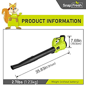 SnapFresh Cordless Leaf Blower - 180 CFM Leaf Blower with Battery & Charger, 2 Section Tubes, Free Control Speed,Lightweight, Electric Leaf Blower for Blowing Leaves, Lawn Care, Dust & Other Debris