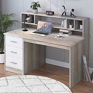 MaverickFurni Walnut and White Desk with 3 Drawers, Small Desk with Storage, Study Desk with Hutch, Kids Desk with Drawers, Wooden Computer Desk for Bedroom