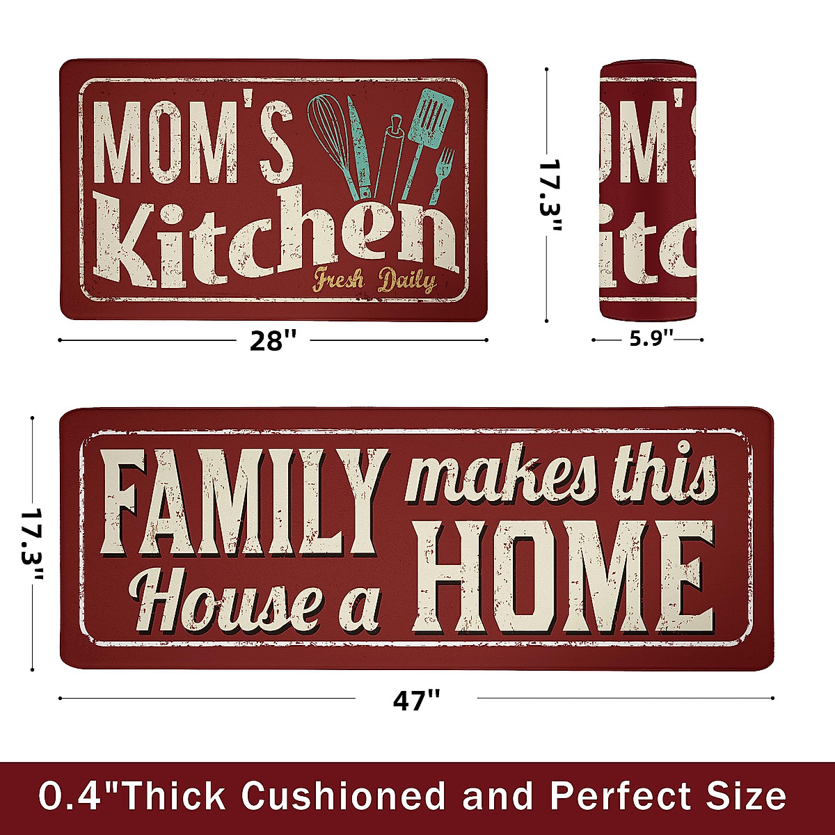 chiinvent Kitchen Mats for Floor Cushioned Anti Fatigue Mats for Kitchen Floor Red Kitchen Floor Mat Memory Foam Kitchen Rugs Sets of 2, 17.3x28 + 17.3x47, 0.4 inches