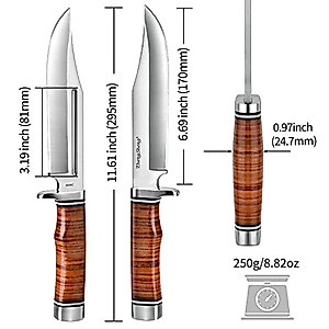 ZhengSheng 6.7 inches Fixed Blade Hunting Knife Genuine Leather Handle Bowie Knife with Leather Sheath Straight Edge Knife for Camping, Hiking, Survival