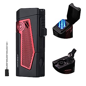 Torch Lighters, Quad 4 Jet Flame Torch Lighter with Fluid View Window, Refillable Butane Lighter Windproof Lighter for Candle, Grill, Fireworks, Camping (Butane Gas Not Included)