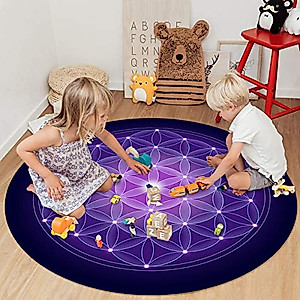 AmbeHome Round Area Rugs Baby Cushion 6 ft, Modern Carpet Floor Cover Nursey Rugs for Kids Play Room/Living Room, Flower of Life with Stars Sacred Geometry Ancient Print, Sturdy Soft Kitchen Mat Rugs