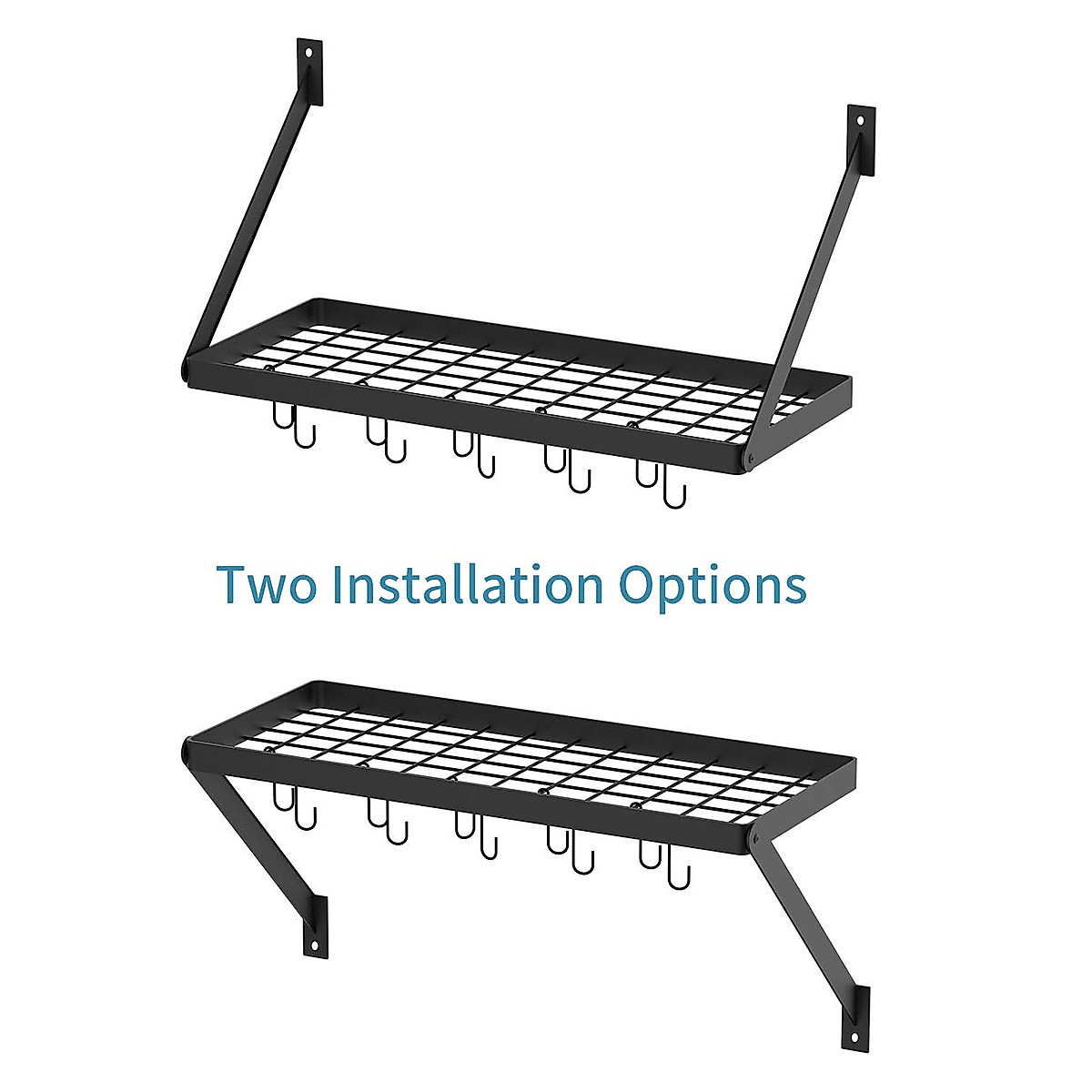 Miyili Pot Rack Square Grid Wall Mounted Kitchen Pot And Pan Organizer Shelf With 10 Hooks, 24 by 10-inch (Black), KR301B1