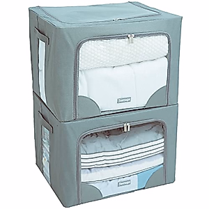 Tasmegol Stackable Steel Frame Clothes Storage Organizer Box Foldable Clear Window Closet Containers Oxford Cloth Clothing Bins for Sweater Bedding Blanket（Grey 2 Pack 40L）