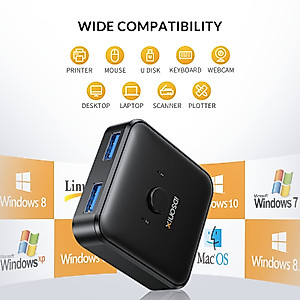 USB 3.0 Switch Selector,iDsonix USB Switcher 1 in 2 Out(2 in 1 Out) Bi-Directional,USB Switch 2 Computers Share 1 Device for Printer,Scanner,Keyboard, USB Sharing Switch with 2pcs A to A 3.3ft Cables