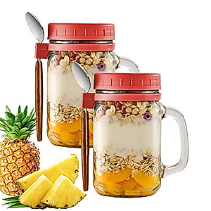 Yogurt Containers, 2 Pieces Oats Jars,480ml Glass Oatmeal Jars, Long Lasting Overnight Oats Jars, Anti Scald Design Yougurt Cups with Lids and Spoons, Breakfast Cups for Smoothies Drinks Juices