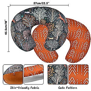 2 Pack Baby Nursing Pillow Cover Newborn U-Shaped Breastfeeding Pillowcase Cushion Cover Stretchy Replaceable Forest&Floral Pillow Cover Slipcover 22.5x18 (Forest + Retro Geometry)
