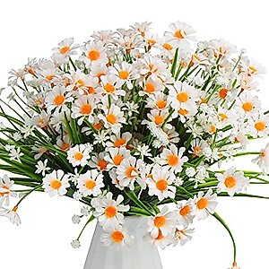 KIMOBER 8 Bundles Artificial Daisy Flowers,Plastic Fake Greenery Shrubs Plants for Indoor Outside Home Garden Porch Decor, Hanging Decoration(White)