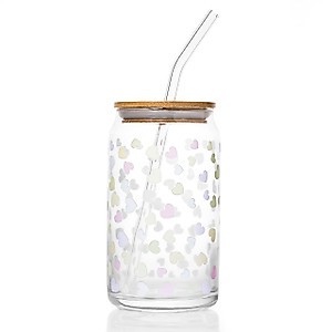 Care For Products Color Changing 16oz Soda Can Glass with Bamboo Lid and Glass Straw | Iced Coffee Cup | Can Shaped Glass with Color Changing Heart Design