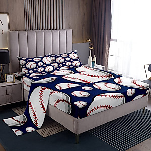Baseball Sheet Set Sports Theme Bedding Set for Kids Boys Girls Teens 3D Blue Ball Pattern Bed Sheets Breathable Baseball Games Bed Sheet Set Room DecorBed Set Full Size