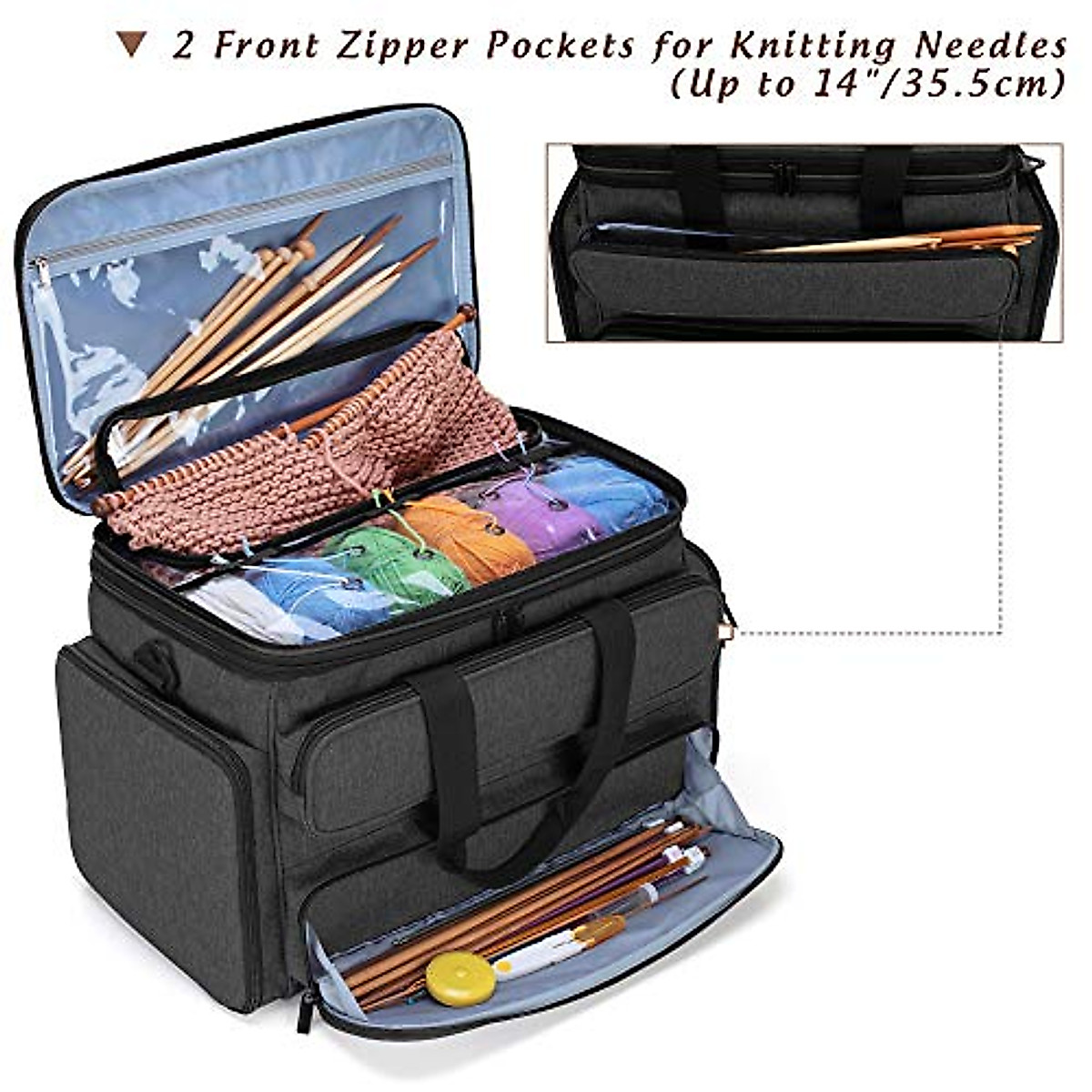 YARWO Knitting Yarn Bag, Portable Crochet Storage Tote with Double Top Cover and Yarn Holes for Knitting Needles(Up to 14”), Unfinished Projects and Skeins of Yarn, Black