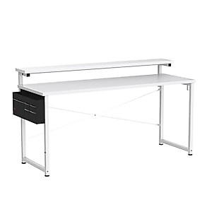 ODK Computer Desk with Adjustable Monitor Shelves, 63 inch Home Office Desk with Monitor Stand, Writing Desk, Study Workstation with 3 Heights (10cm, 13cm, 16cm), White + White Leg
