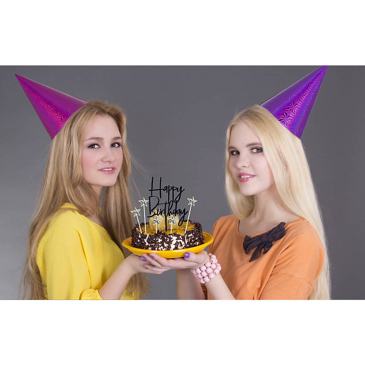 Set of 1 Black Acrylic Happy birthday Cake Topper,5 pcs silvery Star Cake Cupcake Topper(Black 1)