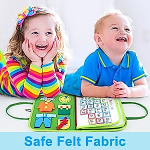 FASTSPOK Busy Board Montessori Toy for 1 2 3 4 Year Old Toddlers - Educational Activity Developing Sensory Board for Basic Dress Fine Motor Skills - Travel Toys for Plane Car, Gift for Boys Girls