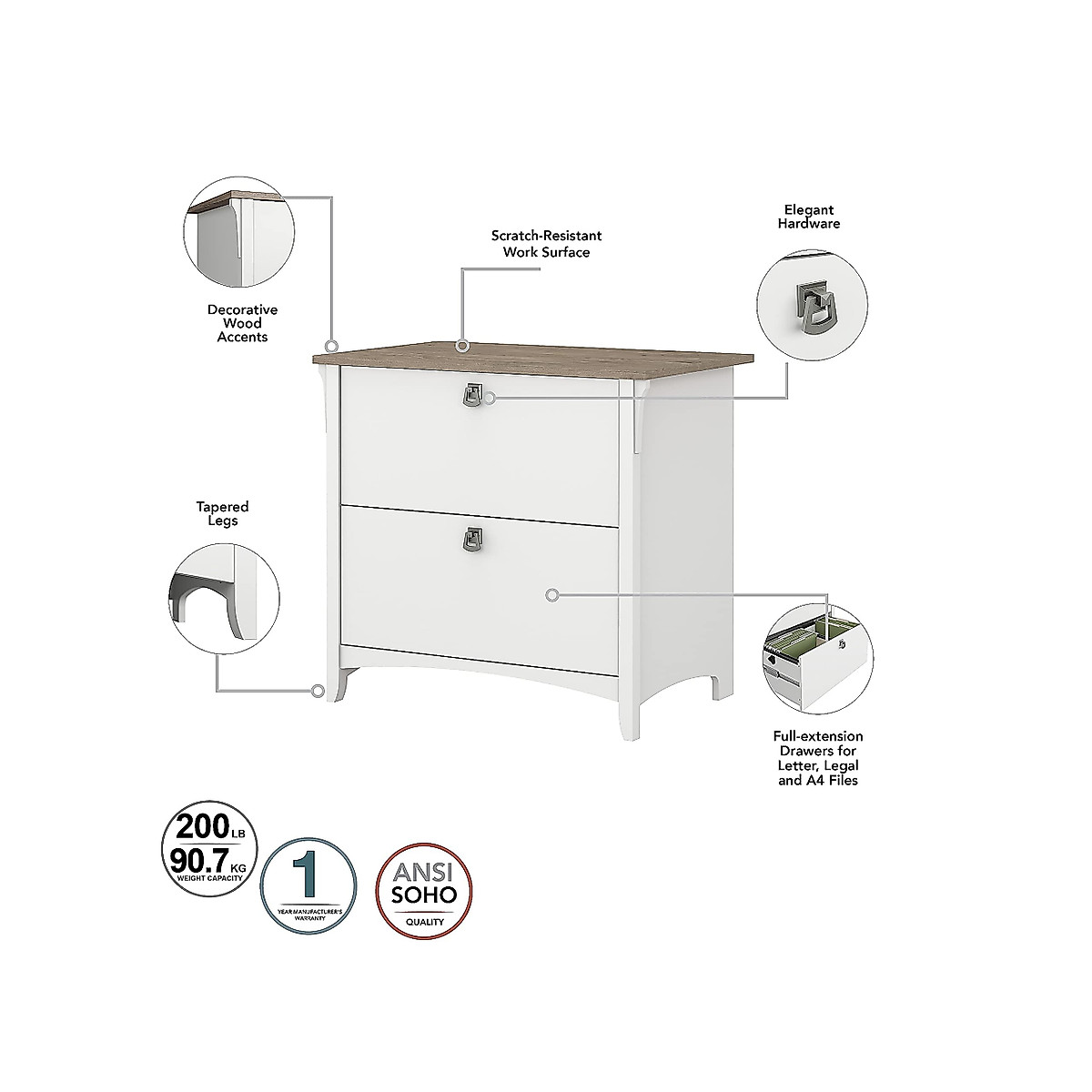 Bush Furniture Salinas 2 Drawer Lateral File Cabinet in Pure White and Shiplap Gray
