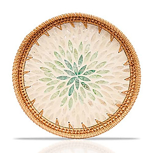 BemiaoCrafts Rattan Tray with Mother of Pearl Inlay Wooden Base, Lacquer Serving Basket for Breakfast, Food, Round Tray as Coffee Table Decor, Mother of Pearl Decoration, Storage, Display