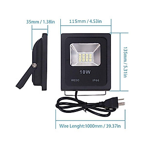 WeDo 10W Ultra Bright Outdoor SMD LED Flood Light Reflector IP66 Waterproof Wall Garden Home Yard Hotel Pathways Security Lights with US Plug Daylight White 6500K