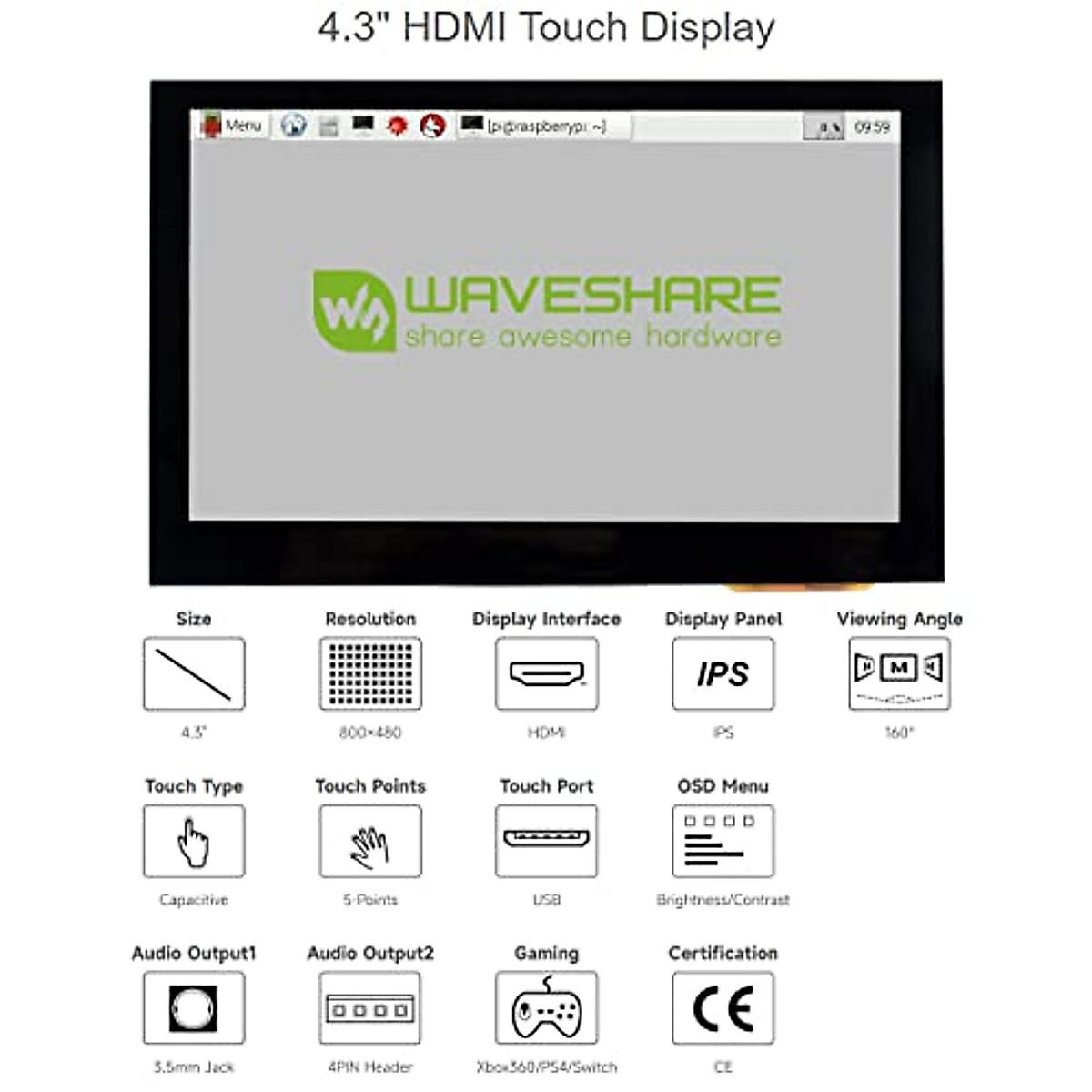 waveshare 4.3inch Capacitive Touch Screen LCD Compatible with Raspberry Pi 5/4B/3B+/3A+/2B/B+/A+/Zero/Zero W/WH/Zero 2W CM3+/4 800×480 Resolution HDMI IPS Supports Jetson Nano/Windows