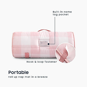 Wake In Cloud - Toddler Nap Mat with Pillow and Blanket, for Kids Boys Girls in Kindergarten Daycare Preschool Pre K, Roll Up Sleeping Bag, Pink White Gingham Buffalo Plaid, Standard Size