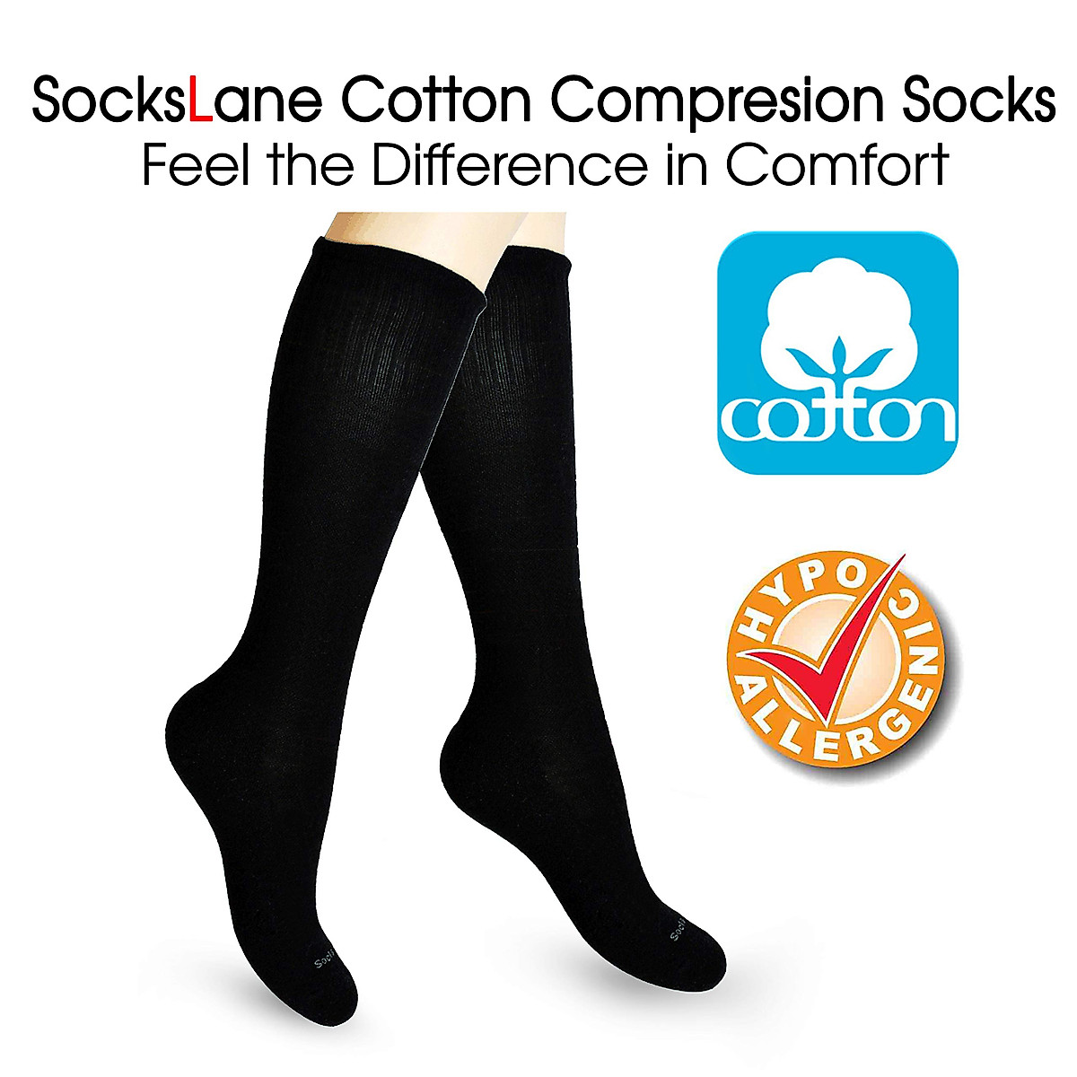 SocksLane Cotton Compression Socks for Women & Men. 15-20 mmHg Support Knee-High Black M/L