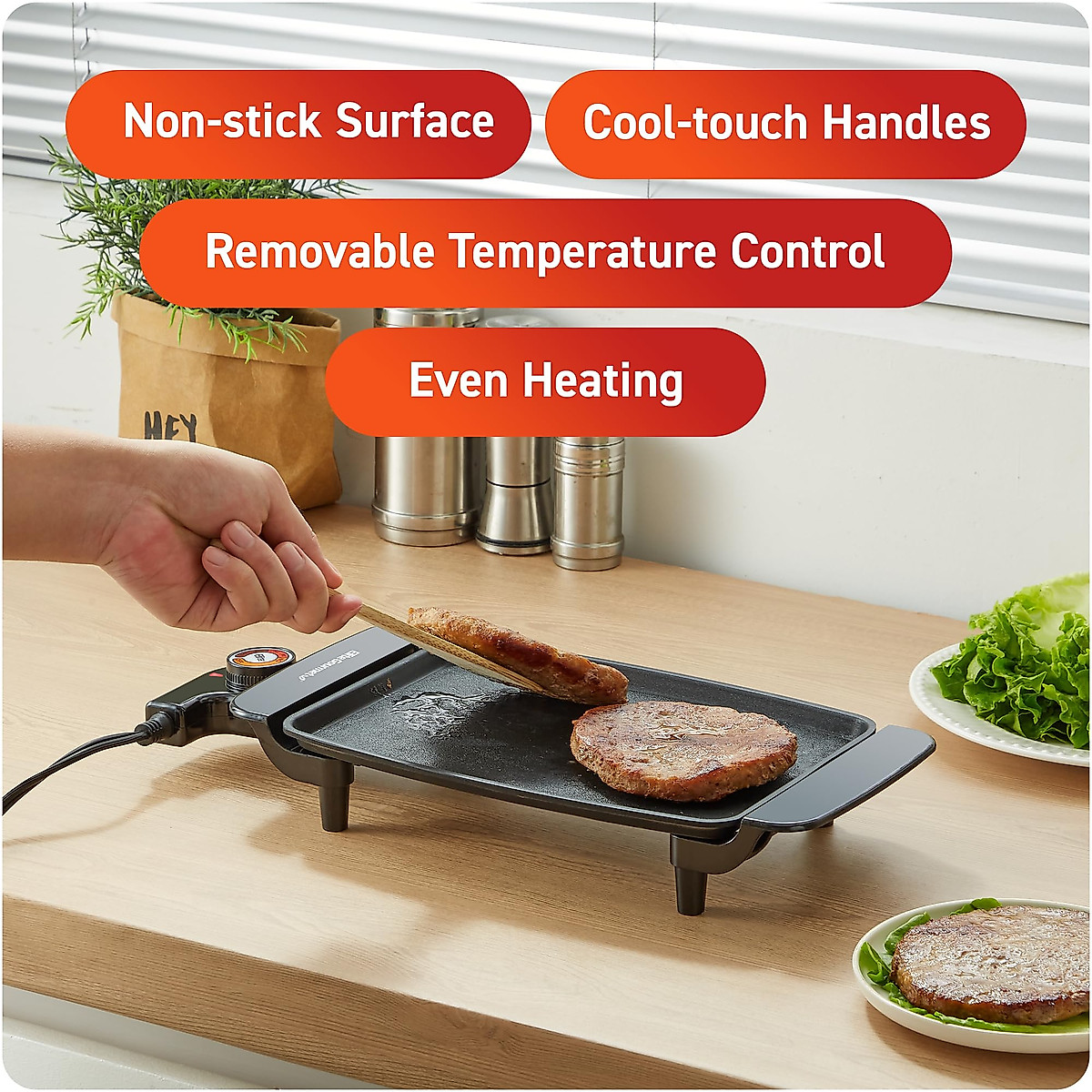 Elite Gourmet EGR8152 Electric 10" x 7" Personal Compact Griddle, Cool-touch Handles Non-Stick Surface, Removable/Adjustable Thermostat, Black