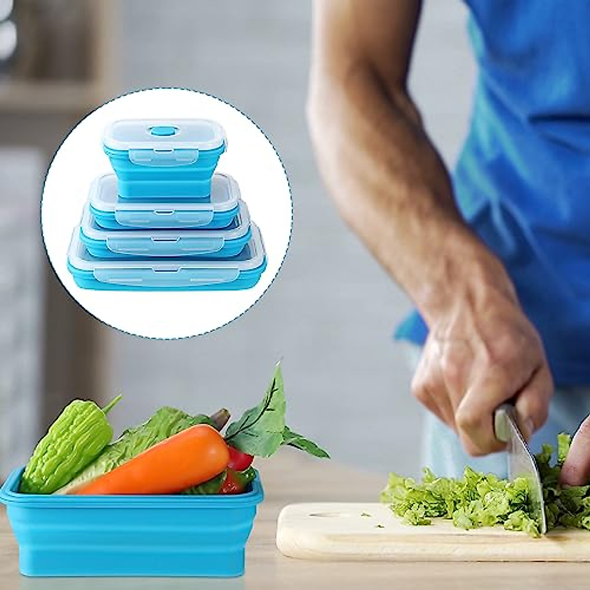 Zhehao Set of 8 Silicone Food Storage Containers Collapsible Storage Containers Collapsible Bowls with Lids Reusable Foldable Bento Lunch Box for Meal Prep Freezer Microwave, 4 Sizes (Blue)