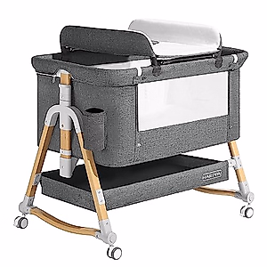 HARPPA Baby Bassinet Bedside Sleeper (Diaper Changing Station + Mosquito Net Included), Adjustable Bedside Crib with Storage, Converts to Cradle and Cosleeper, Portable, Easy Folding. Grey