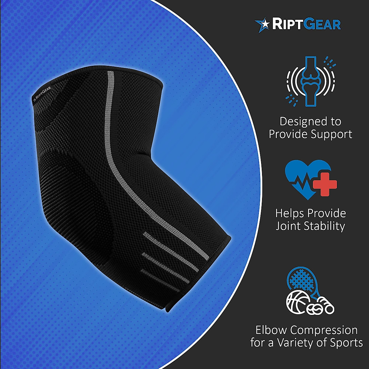 RiptGear Elbow Compression Sleeve - Elbow Brace for Men and Women - Sleeve for Tendonitis, Tennis Elbow, Golfers Elbow, Bursitis, Support Treatment for Joint Pain (Medium, Black (1 Pack))