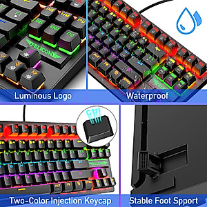 MANBASNAKE K2 Mechanical Gaming Keyboard RGB LED Rainbow Backlit Wired Keyboard with Red Switches for Windows Mac Xbox Gamer(Black)