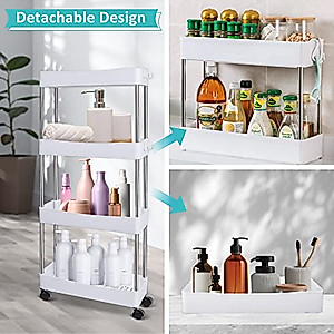 Slim Storage Cart, 4 Tier Bathroom Rolling Utility Cart Storage Organizer, White Slide Out Rolling Cart with Wheels, Rolling Storage Cart for Kitchen Bathroom Laundry Narrow Places…