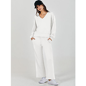 ANRABESS Women’s Two Piece Outfits Matching Sets Long Sleeve V Neck Pullover Top and Wide Leg Pants 2023 Fall Tracksuit Lounge Sets A804baise-S, White