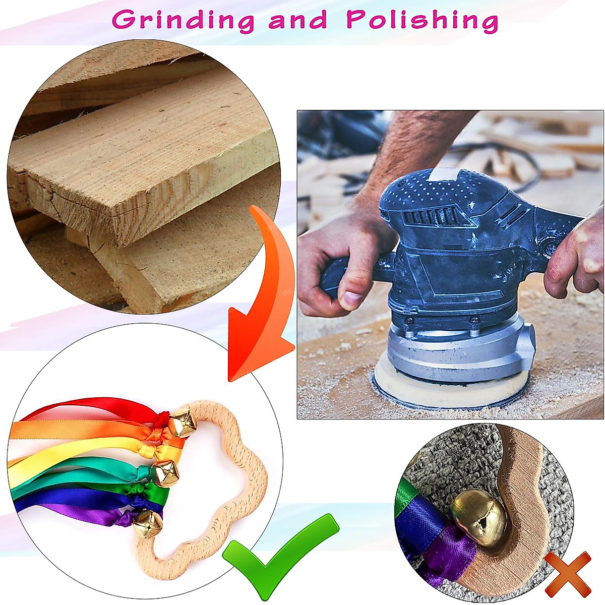 Baby Sensory Wooden Rattle Toys - 2PCS Rainbow Ribbon Ring Toys Natural Wood Rattle Molar Wood Circle Newborn Teether Sensory Montessori Toy for Infant Babies Toddler