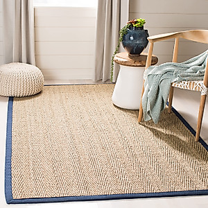 SAFAVIEH Natural Fiber Collection Area Rug - 6' x 9', Natural & Blue, Border Herringbone Seagrass Design, Easy Care, Ideal for High Traffic Areas in Living Room, Bedroom (NF115E)