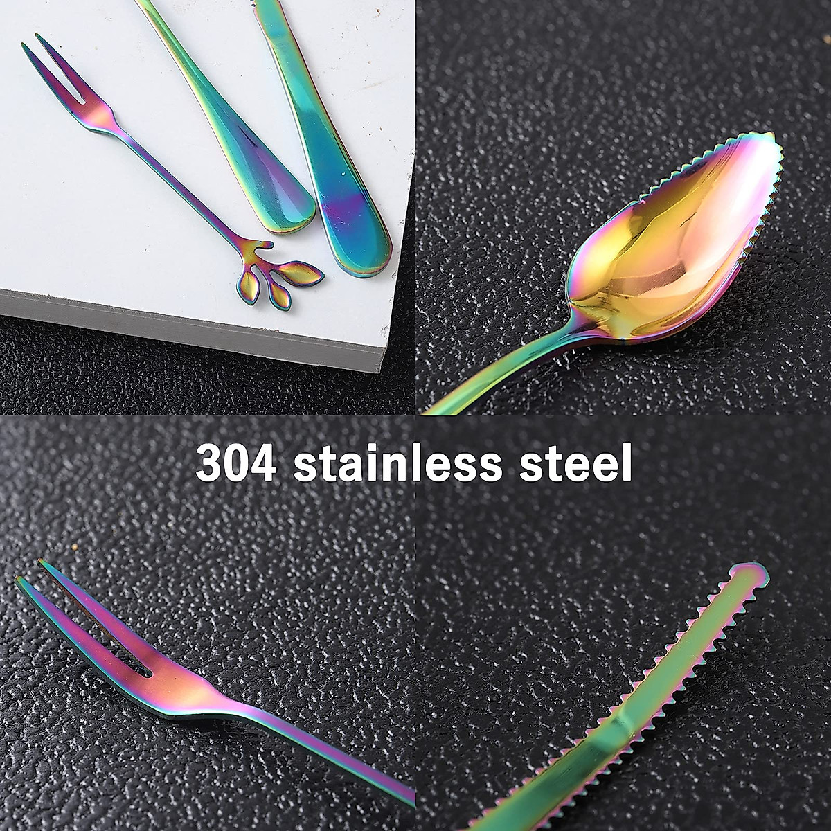 [9-Pack] Grapefruit Spoons and Grapefruit Knife Set, With 4 Stainless Steel Serrated Spoon and 1 Serrated Knife and 4 Dessert Forks, Rainbow Color