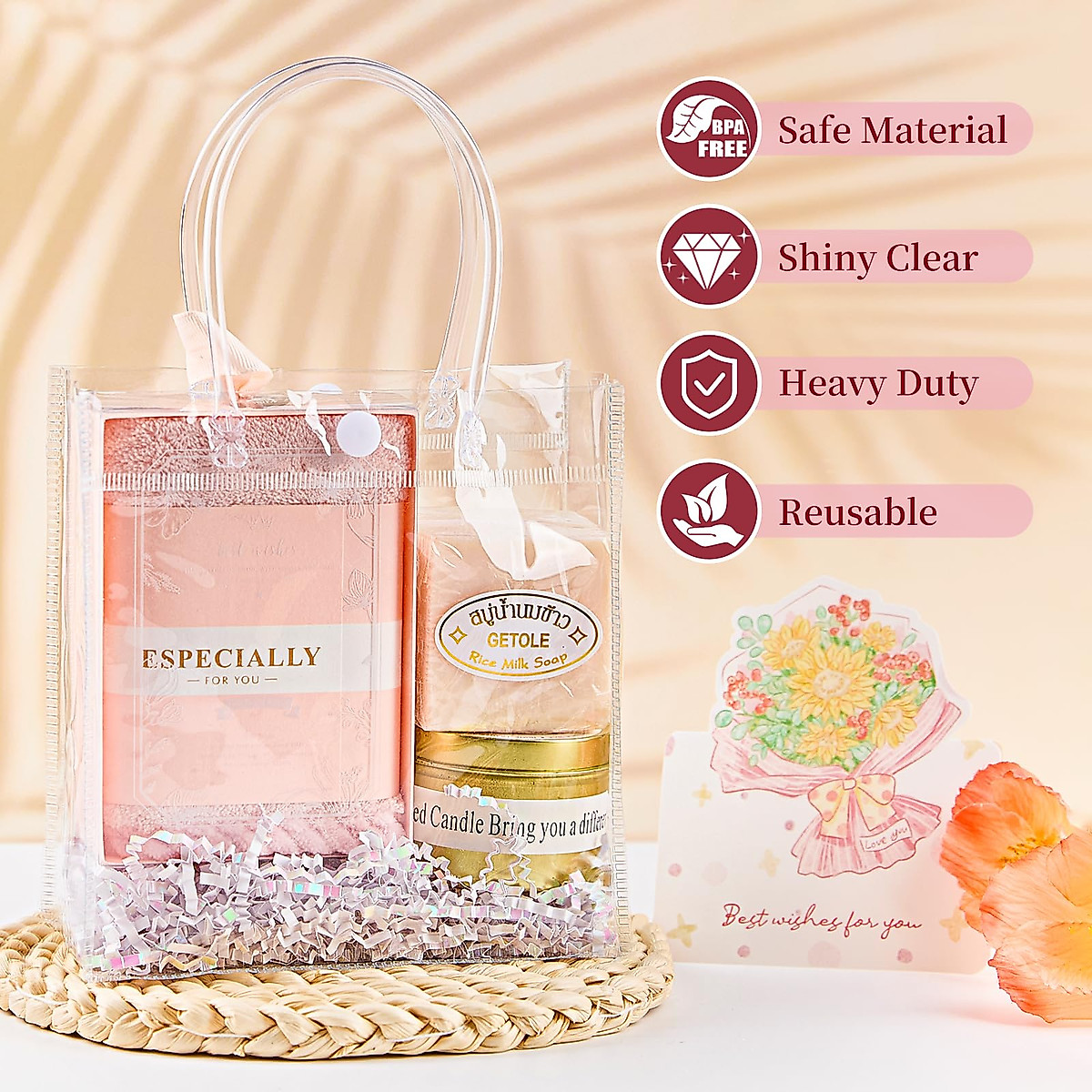 Jutieuo 16 Pack Clear Plastic Gift Bags with Handle, 6.3" x 5.9" x 2.76", Reusable Transparent PVC Gift Wrap Tote Bags with Ribbons for Wedding, Baby Shower, Birthday Party Favor Bags