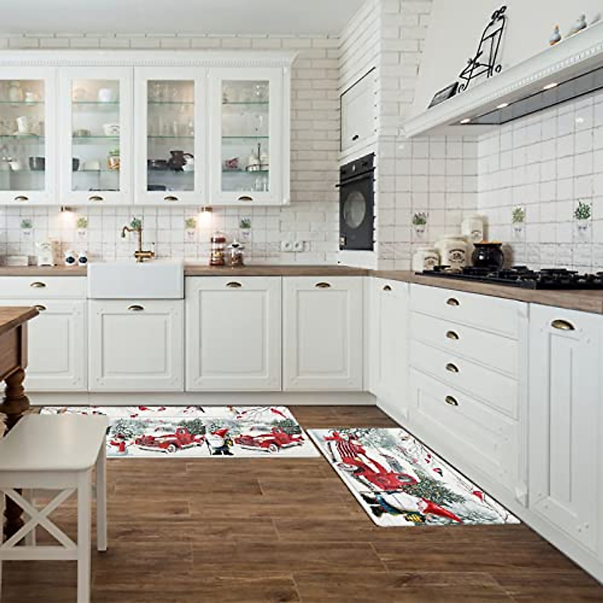 Kitchen Mat Rug Set of 2 Christmas Red Truck Gnome Snowman Xmas Tree Bird Winter Snowy Runner Rug Anti-Fatigue Comfort Memory Foam Standing Mat Non-Slip Floor Door Mat for Bedroom 20x32in+20x63in