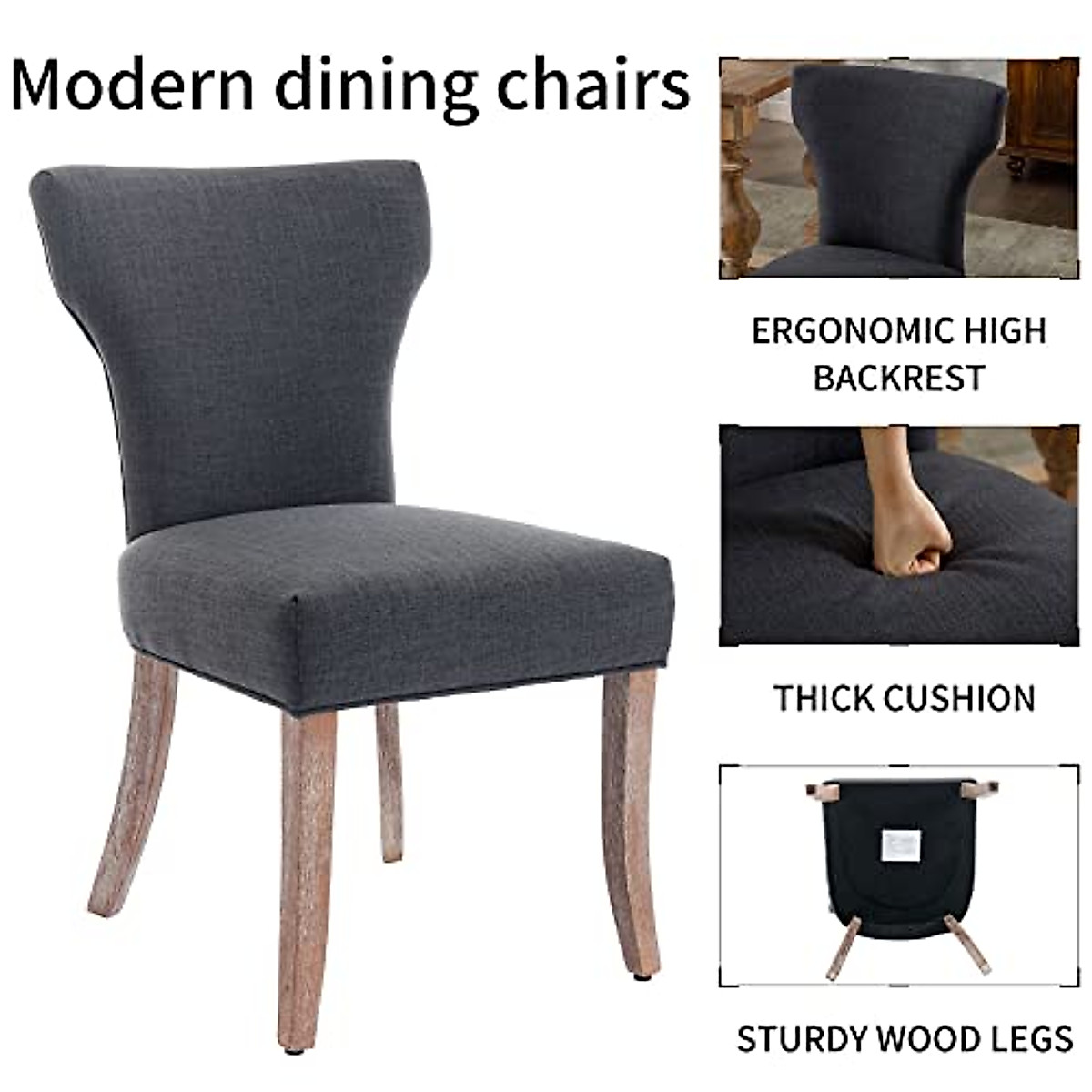 RIVOVA Linen Dining Chairs Set of 4, Modern Dining Chair with Wood Legs Upholstered Kitchen Dining Chairs, Charcoal
