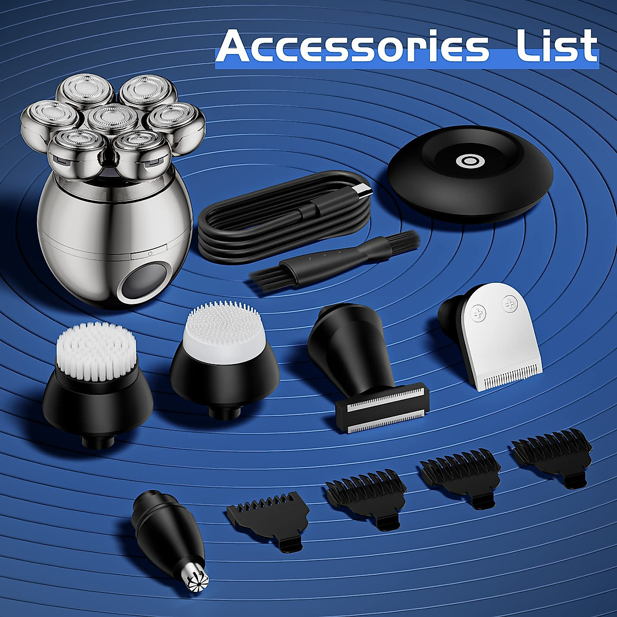 5-in-1 Electric Head Shaver for Bald Men - Rotary Design Head Shavers - Electric Men's Grooming Kit - with Rotary Blades, Clippers, Nose Trimmer, Brush, Massager - Cordless, and Rechargeable