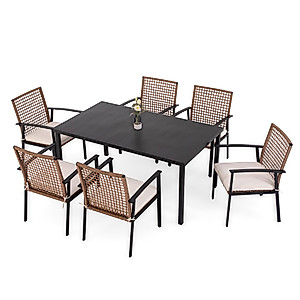 LAUSAINT HOME 7 Pieces Patio Dining Set, Outdoor Furniture Set of 6 Chairs with Soft Cushion and Iron Slats Table Top with Umbrella Hole, Conversation Set for Backyard, Garden and Poolside